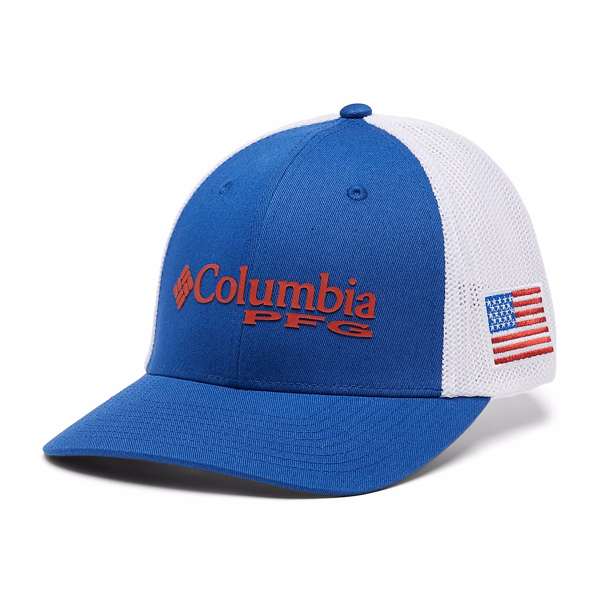Columbia Unisex PFG Mesh Ball Cap, Mountain Blue/Us Flag, L/XL