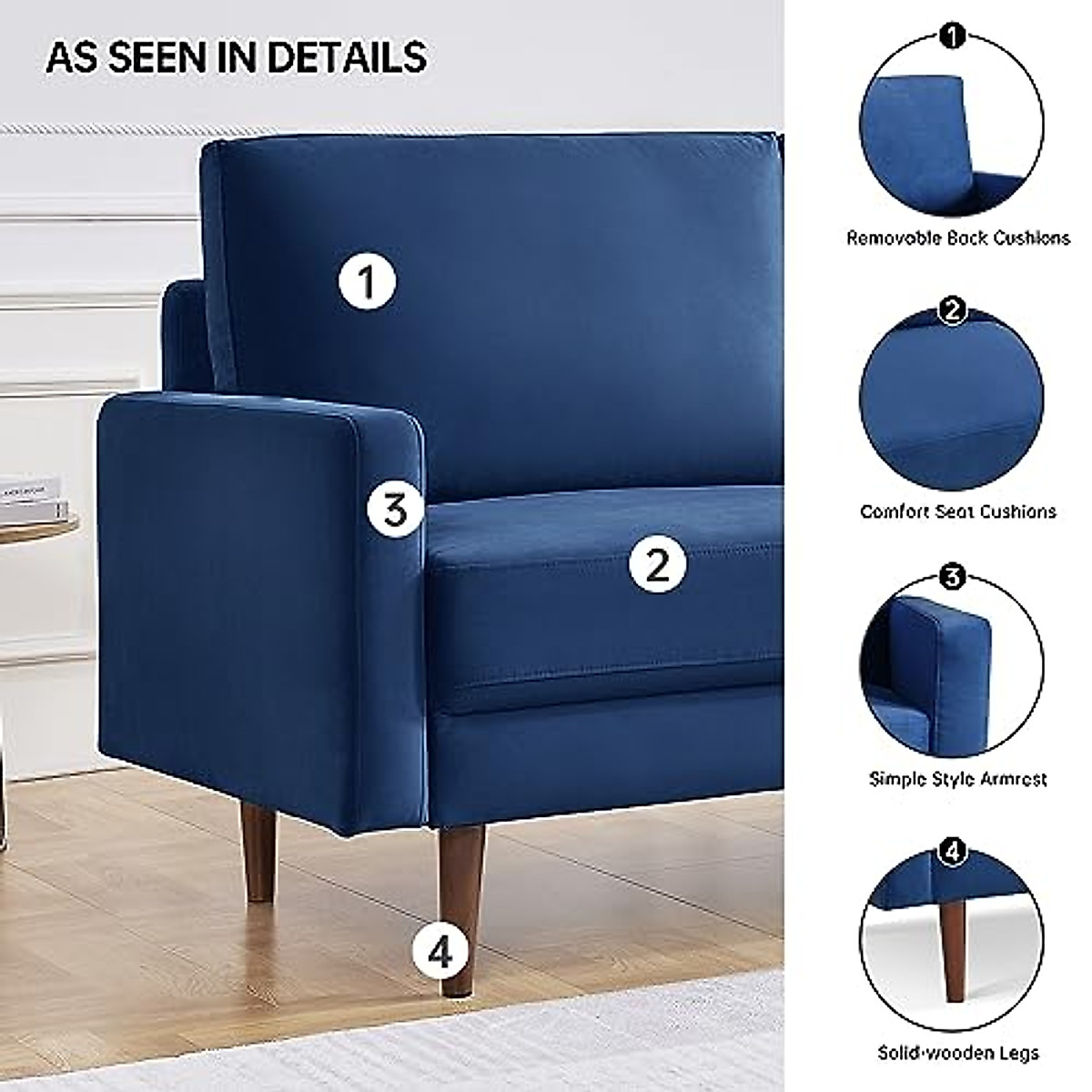 American Furniture Classics Blue 57 Inch Wide Upholstered Two Cushion Loveseat with Square Arms Velvet, 57" x 32" x 37"