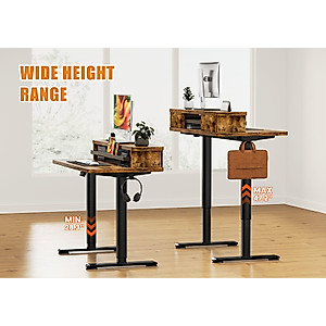 Flycity Electric Standing Desk with Dual Monitor Stand, Height Adjustable Desk Sit Stand Desk with Memory Controller, Casters & 2 Hooks, Low Noise Home Office Desk (Rustic Brown, 48" x 24")