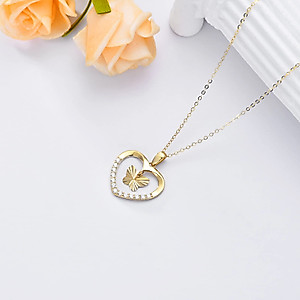 SISGEM 14K Real Gold Heart Necklace for Women,Yellow Gold Diamond-Cut Butterfly In Heart Pendant Necklaces with Moissanite,Anniversary Birthday Gifts for Lover Wife Grandma,16''-18''