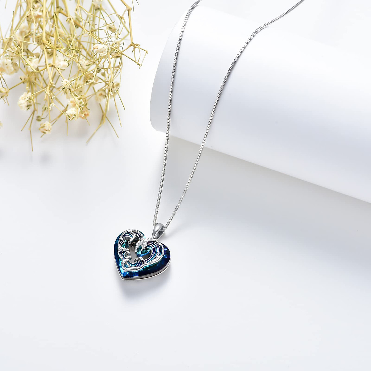 Shusukue Wave Necklace 925 Sterling Silver Heart Blue Crystal Necklace Surfer Beach Jewelry Gifts Ocean Summer Jewelry Gifts for Women