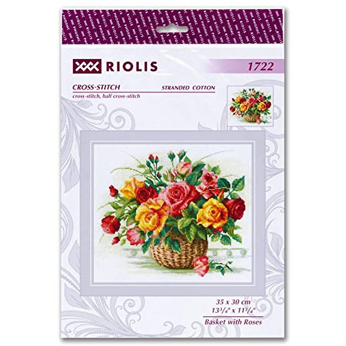RIOLIS - Basket With Roses - Counted Cross Stitch Kit - 13¾" x 11¾" Zweigart 14ct. White AIDA 29 Colors