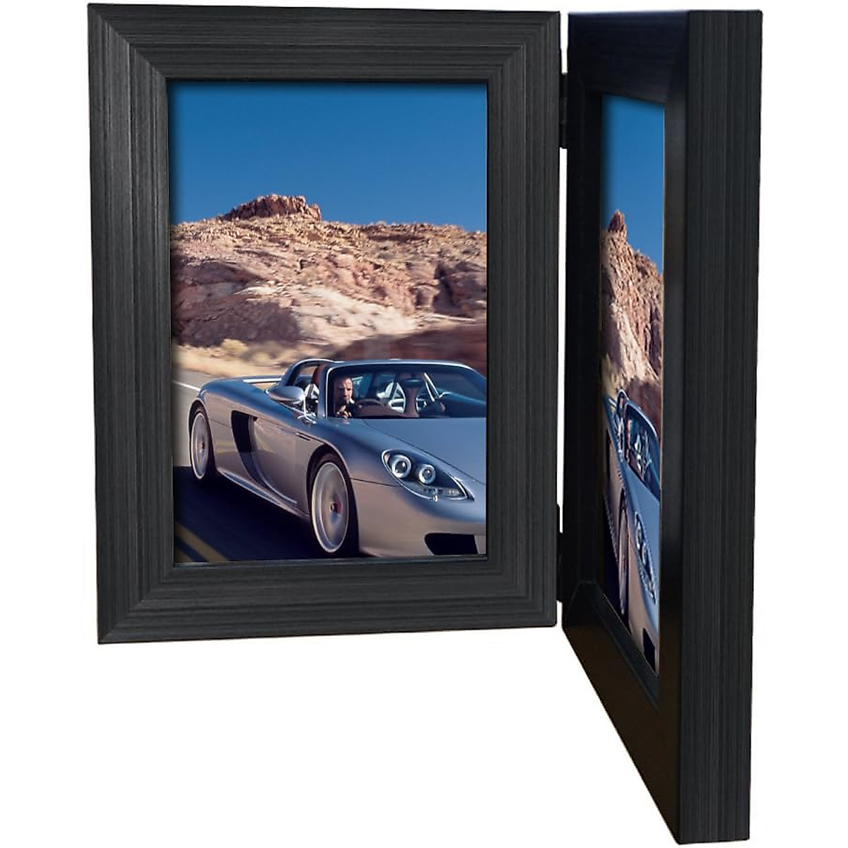 Lyeasw Double Hinged 3.5x5 Picture Frame, Classic Two Opening 3.5 by 5 Photo Frame with Glass, Black Folding Frame for Tabletop or Desk Standing
