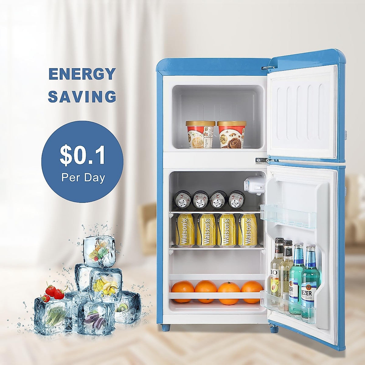 Fridge with Freezer Mini Retro Blue 3.5 Cu.ft Compact Refrigerator Small for Bedroom, Office, Dorm, RV, Apartment with Adjustable Mechanical Thermostat 2-Door Design