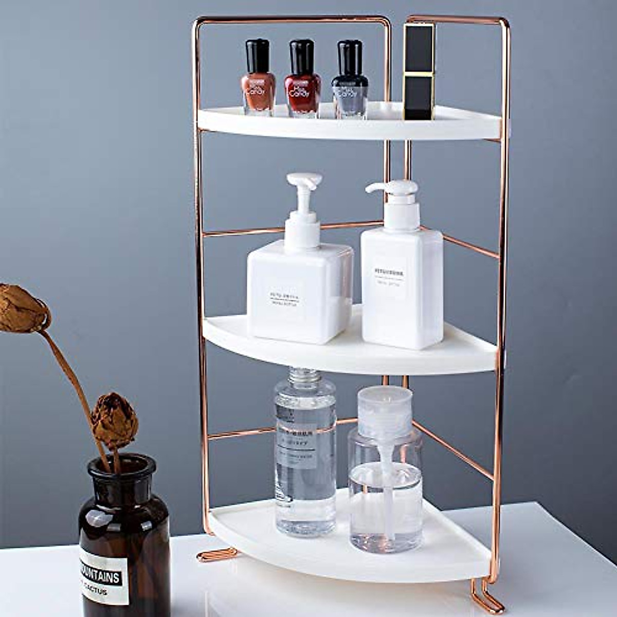 ICCGBHGO Bathroom Countertop Organizer, Corner Shelves Bathroom Vanity Counter Sink Storage, Rose Gold Standing Cosmetic Makeup Spice Rack Tray Cabinet for Kitchen and Bathroom 3-Tier