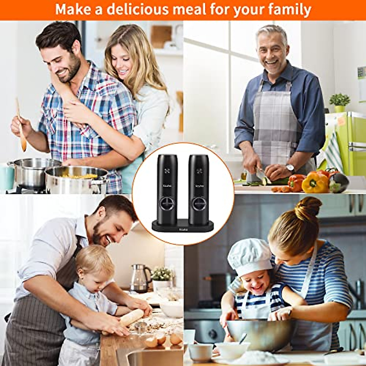 Rechargeable Automatic Salt and Pepper Grinder Set: Rechargeable Base Adjustable Coarseness Refillable Large Capacity One Hand Operated White LED Light Black Electric Spice Peppercorn Mill Shakers