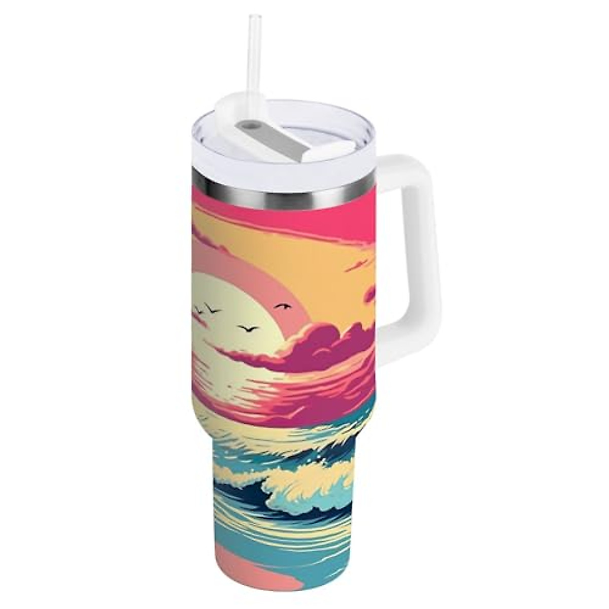 PaChyLuu 30 oz Insulated Tumbler with Handle and Straw Lid, Sunset Beach Lighthouse Leak-Proof Stainless Steel Travel Coffee Mug for Car Cup Holder