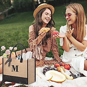 BeeGreen Initial Jute Tote Bag for Women Beach Tote Bag with Handles Thank You Gift for Friends Bridesmaid Mother Personalized Monogram Gift Bag for Birthday Bridal Shower C