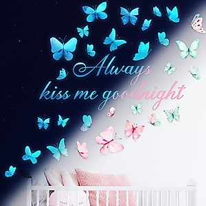 Butterfly Wall Decor Stickers Glow in The Dark Butterfly Wall Decals Peel and Stick Luminous Butterflies Always Kiss Me Good Night Decals Positive Quotes for Girls Kids Ceiling Bedroom Living Room