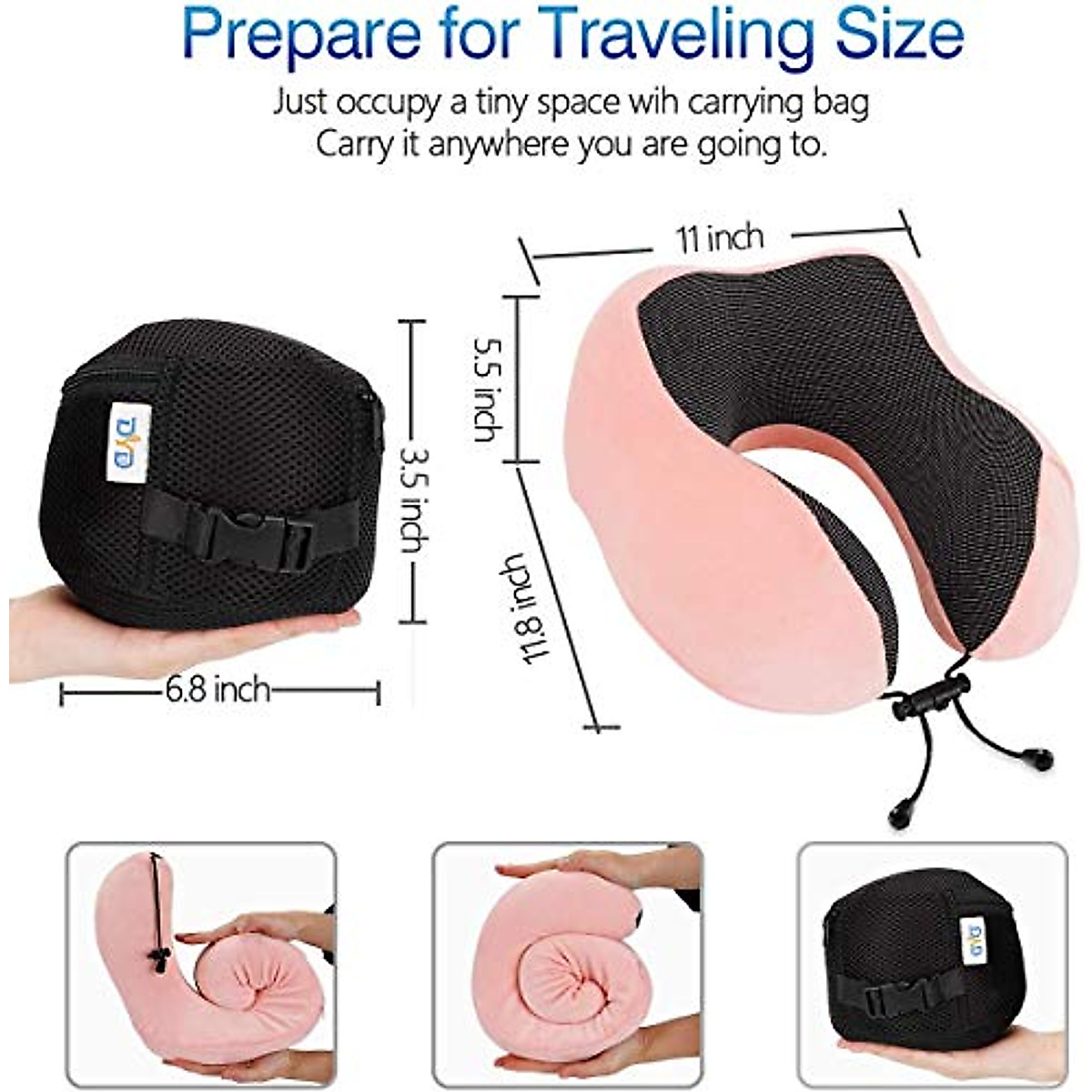 DYD Travel Pillow Memory Foam Neck Pillow for Airplane Washable Velour Cover Ergonomic Neck Support Pillow with Sleep Mask & Earplugs