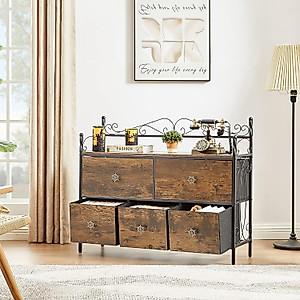 VECELO Dresser for Bedroom, Wide Chest of 5 Drawers, Storage Organizer Unit with Fabric Bins for Closet, Living Room, Hallway,Sturdy Metal Frame,Brown