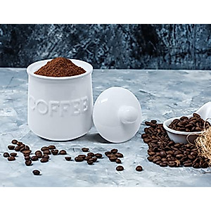Kovot Ceramic Coffee Canister - Embossed Coffee Jar with Air-Sealed Lid - Best Coffee Preserver - Airscape Coffee Container - Easy to Wash, Color: Ivory White, Measures: 6”H