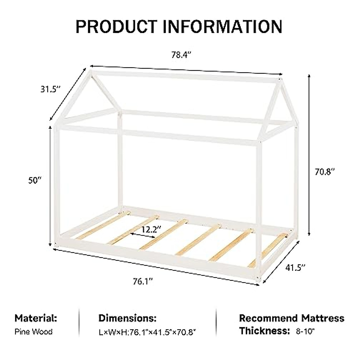 Merax Twin Size Wooden House Bed for Kids,No Box Spring Needed, White