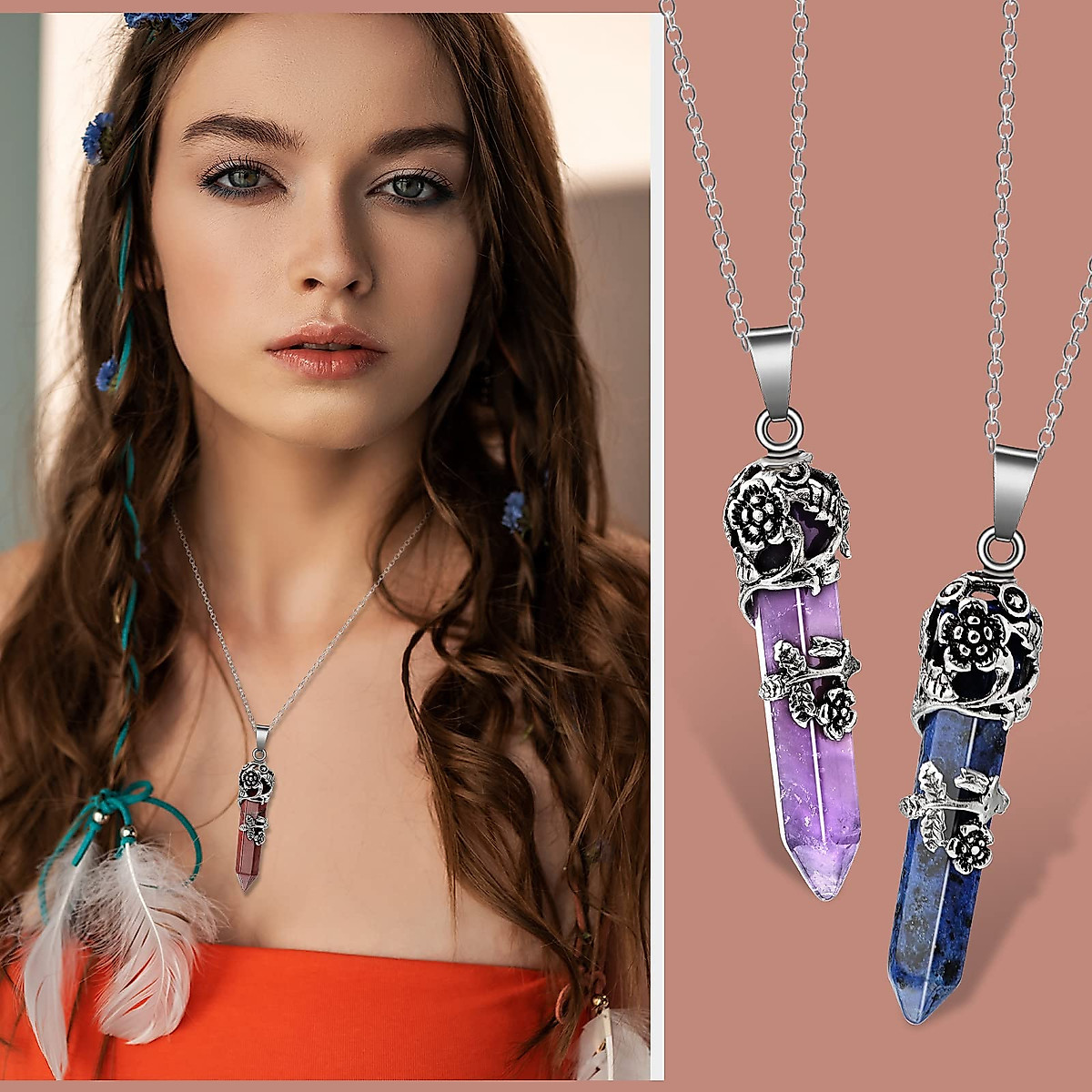 12 Pcs Healing Crystal Necklace Hexagonal Healing Crystal Flower Wrapped Crystal Point Pendant Necklace Healing Pendents Natural Quartz Point Necklace with Chain for Women (Bronze Flower Silver Chain)