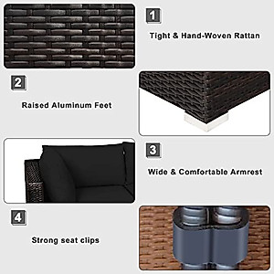 HAPPYGRILL 6 Pieces Patio Conversation Set Outdoor Wicker Furniture Set Rattan Sofa Set with Seat & Back Cushions Coffee Table for Patio Garden Lawn Poolside Backyard