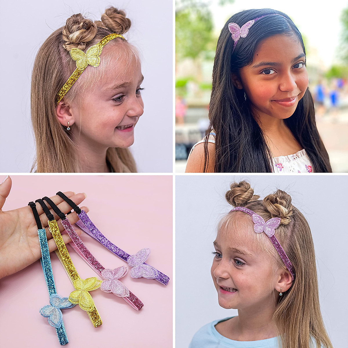 FROG SAC 4 Butterfly Headbands for Girls, Adjustable Non Slip Glitter Headband for Kids, Cute Nonslip Little Girl Hair Accessories, Thin Head Band Hairbands