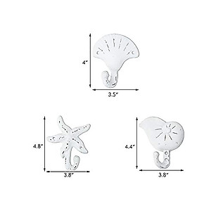Sea Snail Starfish Shell Shape Cast Iron Nautical Wall Hooks Set, 3-Pack Assorted Rustic White Seaside-Themed Wall Mount Coat Hooks, Beach Coastal Wall Decor