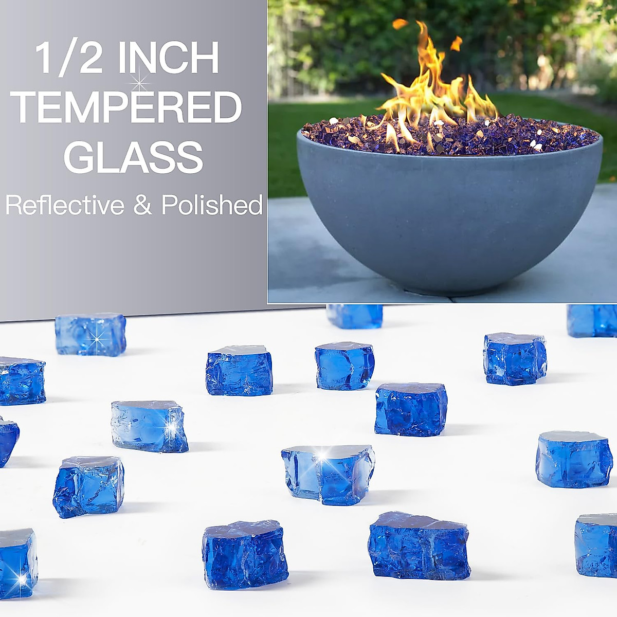 APROMISE Fire Glass for Fire Pit - 1/2 inch Fire Pit Glass | Reflective Fire Glass for Propane Fire Pit and Fireplace | 10lbs | Cobalt Blue