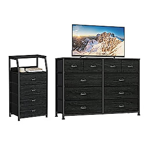 Furnulem 10 Drawer Dresser for Bedroom, Nightstand with 4 Drawers, Storage Organizer for Closet, Living Room, Entryway, Fabric Bins, Wood Top, Metal Frame(Black Oak)