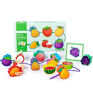 JAQI Montessori Educational Wooden Threading Stringing Toys Dinosaurs Traffic Space Insects Animals Fruits Lacing Beads Preschool Learning Toys for Toddler for Boys Girls (Fruits)