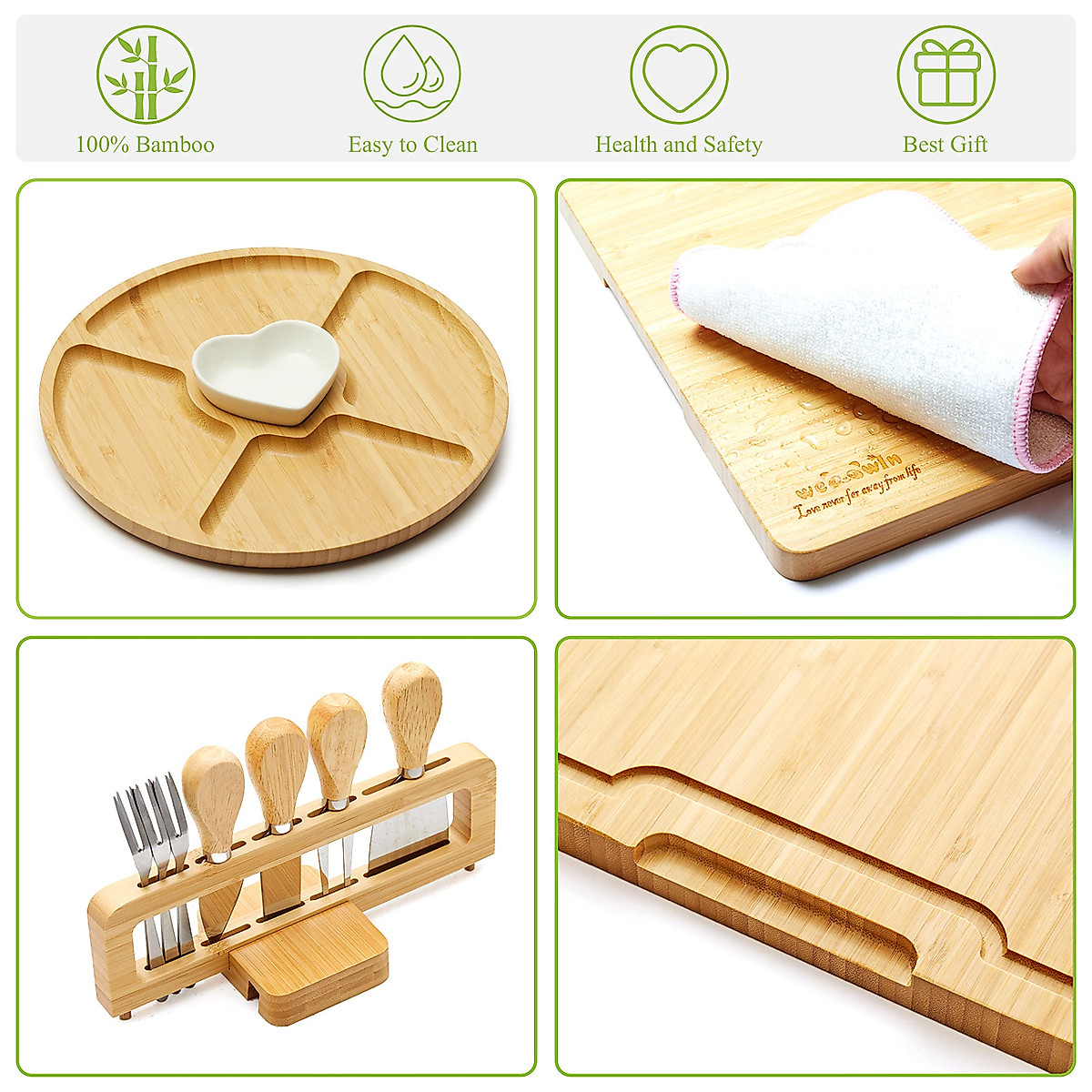Weoowin Bamboo Charcuterie Boards - Cheese Board and Knife Set, Unique Housewarming, Thanksgiving, Wedding, Birthday, Love Gifts for Couple, Christmas, Bridal Shower Gift (White)