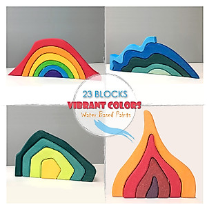 moderngenic 'Four Elements' Rainbow X-Large Rainbow Blocks, Wooden Toys for Kids, Geometric Building Puzzle, Volcano/House Educational Set