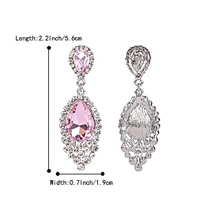 BriLove Wedding Bridal Dangle Earrings for Women Crystal Teardrop Cluster Beads Chandelier Earrings Pink Tourmaline Color Silver-Tone