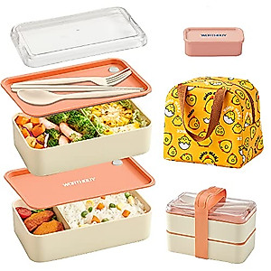 ArderLive Stackable Lunch Bento Box with Bag and Utensils, Microwave Safe, BPA-Free Eco-Friendly Lunch Containers for Adults Japanese, Orange Denim Bag with Bonus Dip Container