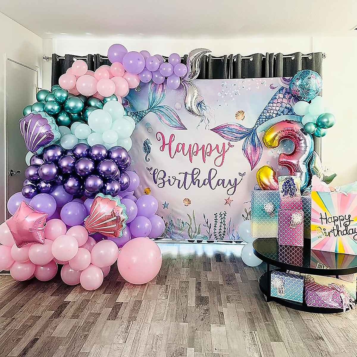 Mocsicka Mermaid Birthday Backdrop Under The Sea Birthday Party Decoration for Girl Blue Purple Mermaid Tails Photography Background (7x5ft(82x60 inch))