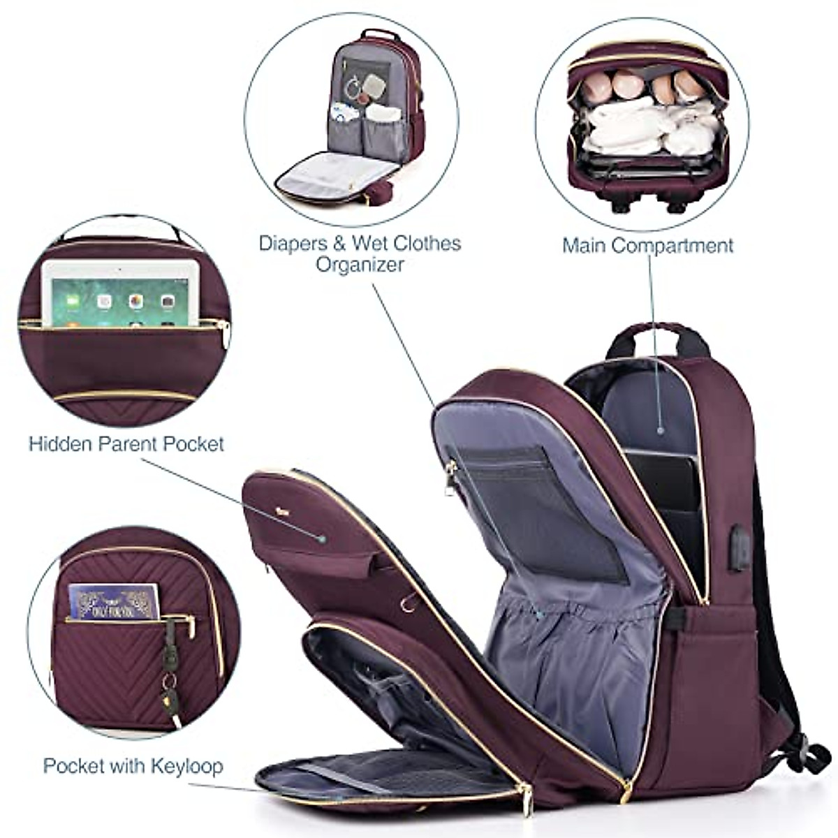 MOMUVO Diaper Bag Backpack, Quilted Baby Bag with Changing Pad & Stroller Straps & Pacifier Case, Large Travel Diaper Bags for Mom Dad, Dark Purple