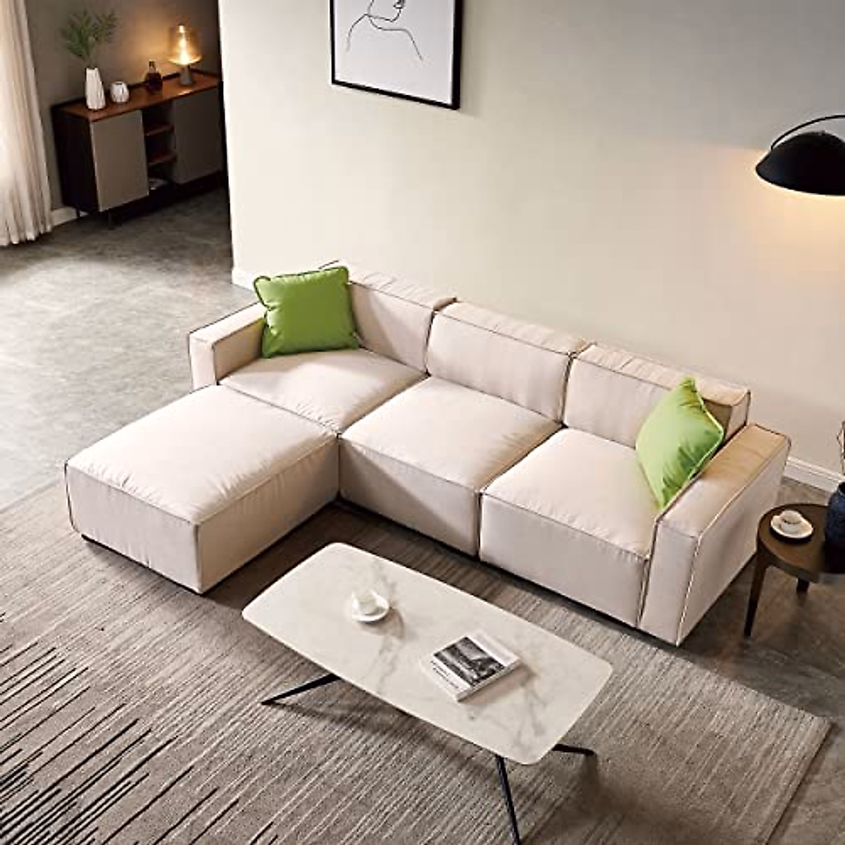 Myshle Faux Leather Fabric Reversible 4 Seater Sectional Couch with Storage, Modular Sofa L Shape with Convertible Ottoman Chaise, Beige