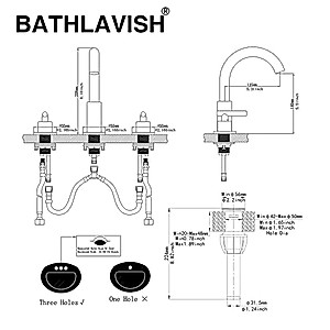 BATHLAVISH 180° Swivel Spout Matte Black Bathroom Faucet 3 Hole 8 Inch Widespread Two Handle Lavatory Vanity Sink Modern with Pop Up Drain with Overflow Set 3 Piece Mixer Tap