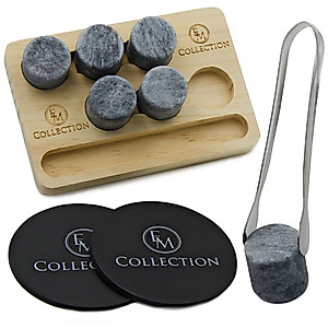 EMCOLLECTION Whiskey Stones Gift Set of 6 w/ Wooden Storage Tray & Forceps: Chill Any Beverage Without Dilution. Round Granite Rocks Cool a Cocktail or Scotch Better Than Ice