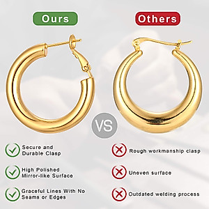 Thick Gold Hoop Earrings for Women 14K Gold Plated Chunky Hoops Hypoallergenic Lightweight Hollow Tube Earrings 30mm
