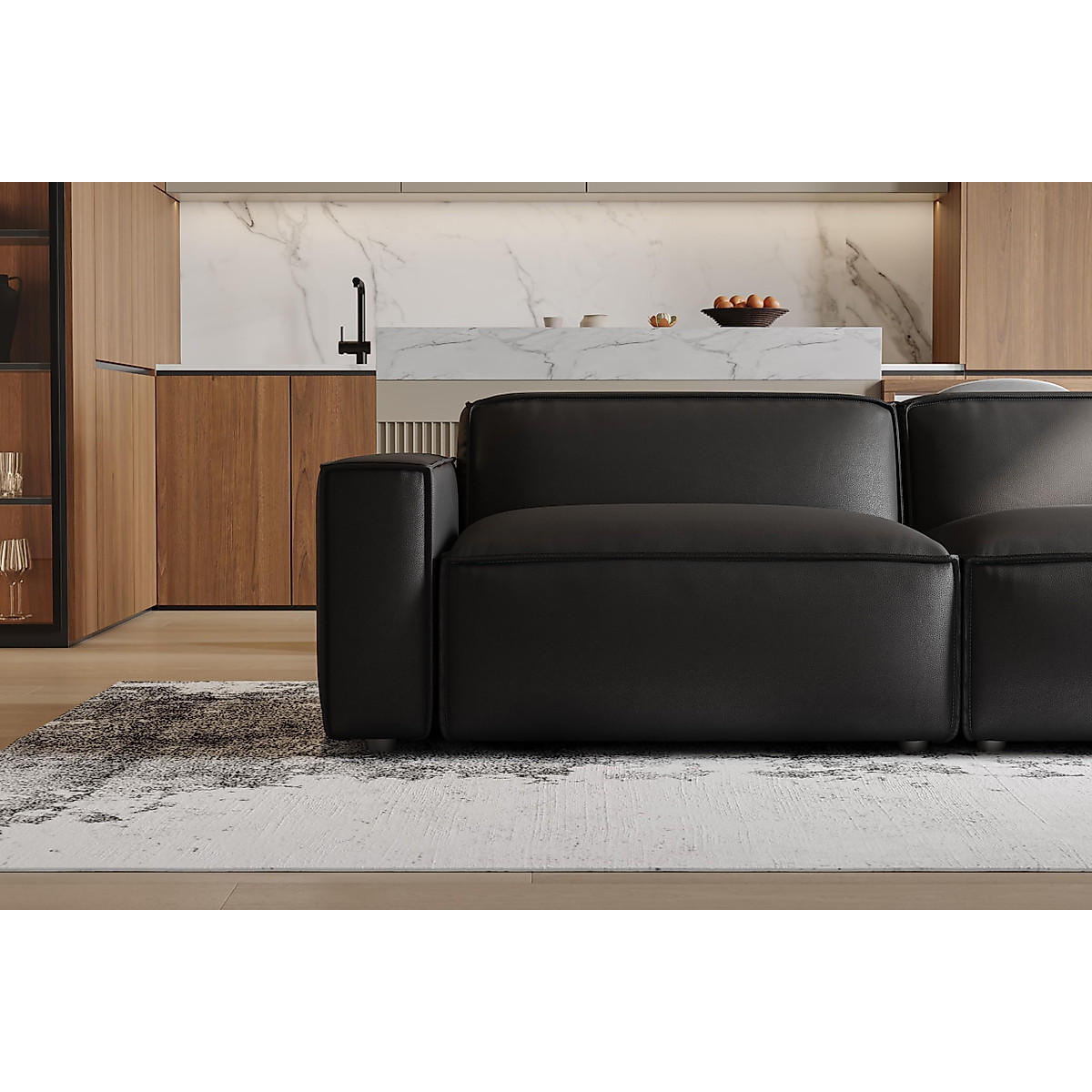 Valencia Nathan Napa Leather Couch - 3 Seats with Right Chaise Sectional Sofa - 100% Full Aniline Leather Modern Sofa for Lounge and Living Room Solid Wood Frame and High-Resilience Foam Couch (Black)