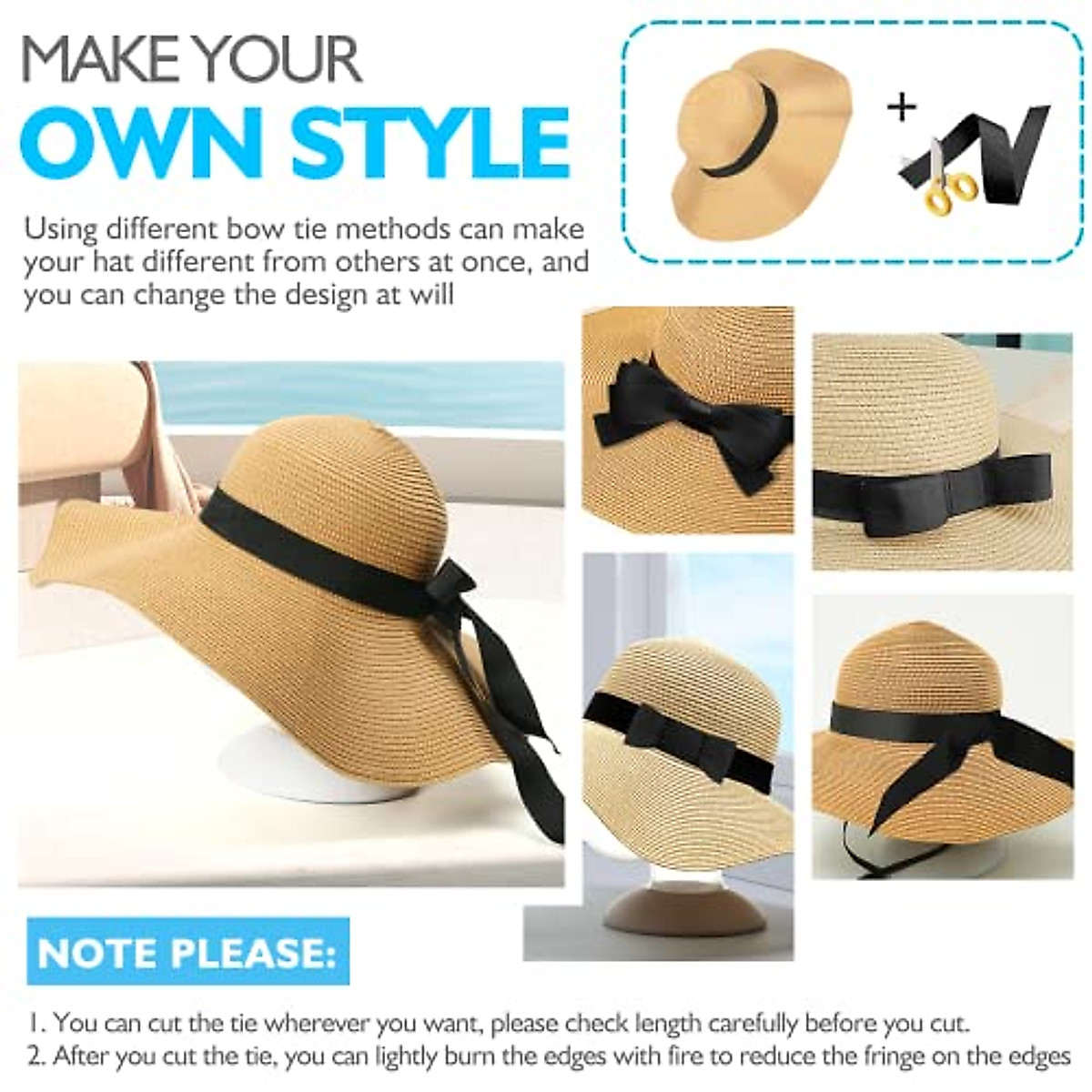 Foldable Beach Sun Hat for Women, UV Protection Wide Brim Straw Visor Hats, Fashionable Boho Hats for Girls, Outdoor Tribe Sun Hats for Travel Gardening Beach Light Khaki