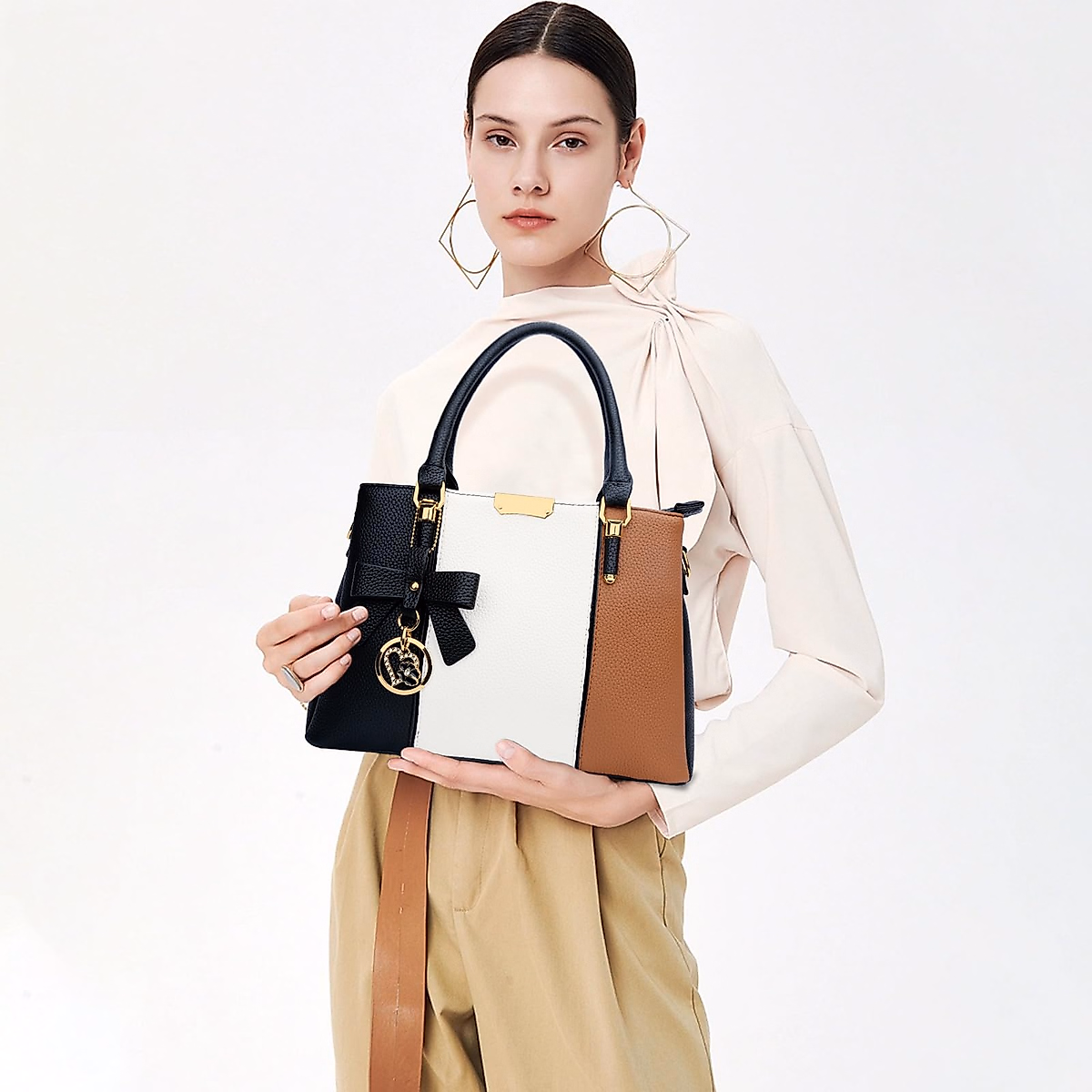 KKXIU 3 Zippered Compartments Purses and Handbags for Women Top Handle Satchel Shoulder Ladies Bags (A-Black White Brown)