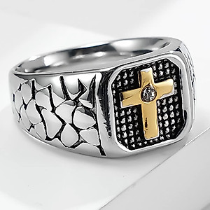 Jude Jewelers Stainless Steel Christian Cross Signet Style Religoius Prayer Wedding Statement Biker Party Ring (Silver Gold, 12)