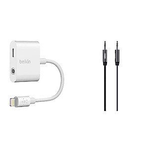 Belkin RockStarTM Lightning to 3.5mm Audio Cable + Audio Charger Splitter, 2-in-1 Aux iPhone Headphone Adapter & Charger Dongle Bundle with Belkin MiXiT Tangle-Free Aux / Auxiliary Cable, 3 Feet (Black) - AV10127tt03-BLK