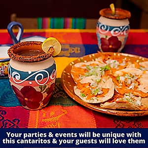Cantaritos de Barro Jarritos Mexicanos - Set of 2 Authentic Mexican Glazed Clay Mugs 14 Oz For Drink Margaritas & Tequila Special For Taco Tuesda & Mexican Parties (Navy Blue Rim Flowers Desing)