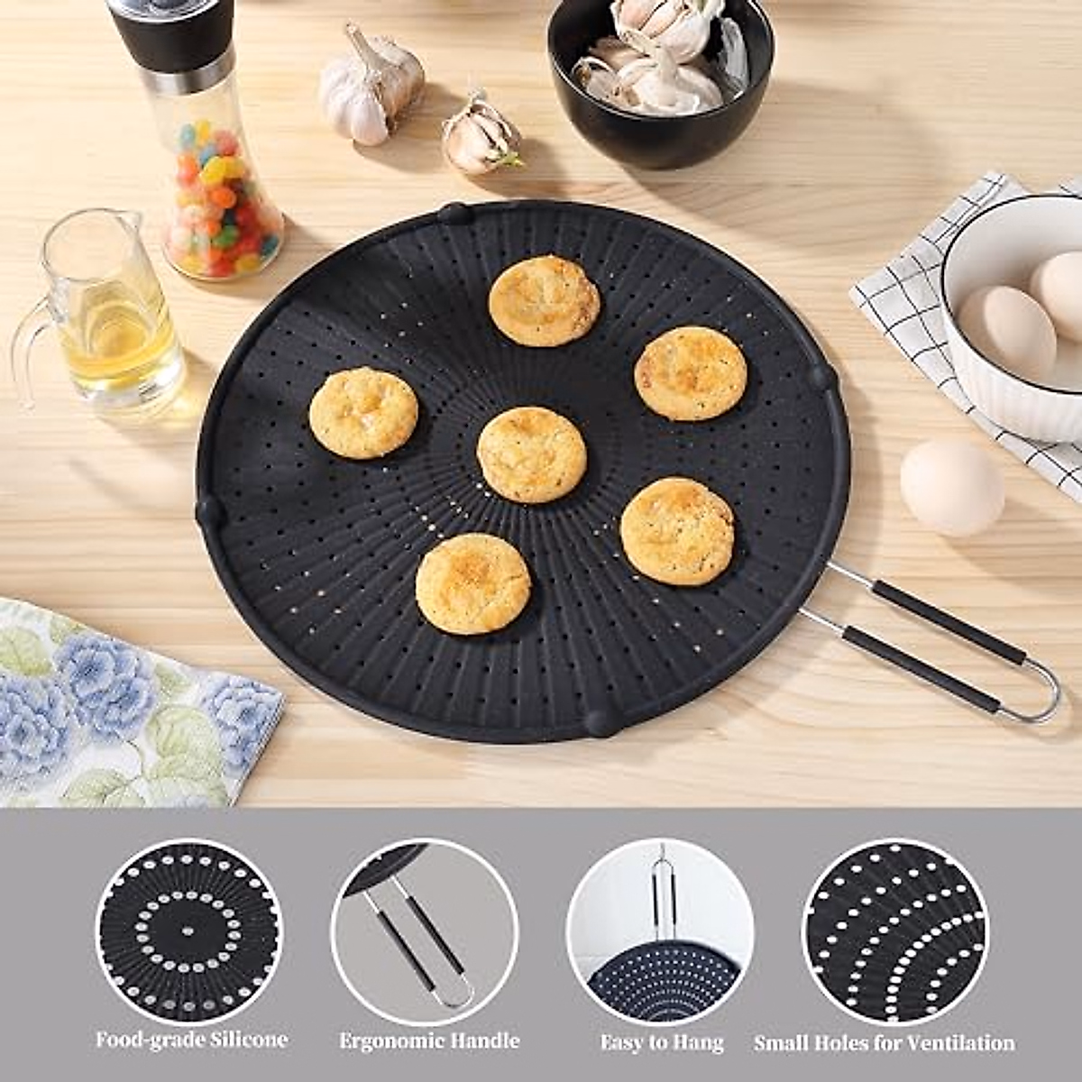 Splatter Screen for Frying Pan, Kaloo Grease Splatter Guard, Heat-Resistant Splatter Guards for Frying, Silicone Splatter Guard for Everyday Cooking, Dishwasher Safe (13inch,Black)