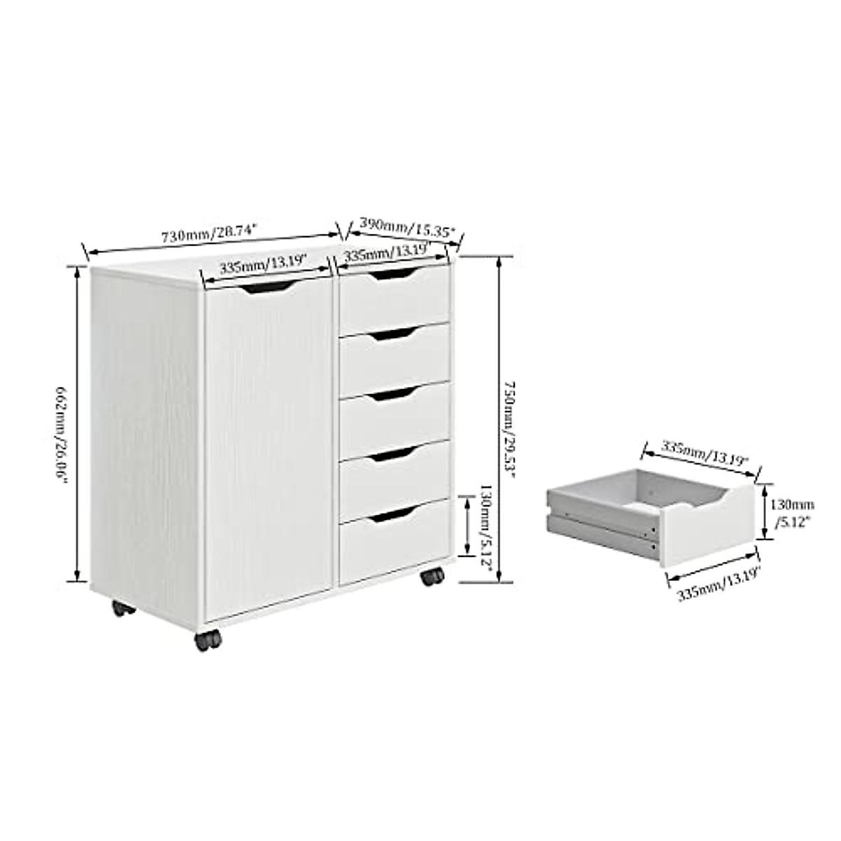 Panana 5-Drawer Chest with 1 Door, Wooden Chest of Drawers Storage Dresser Cabinet with Wheels, Office Organization and Storage, Bedroom Furniture