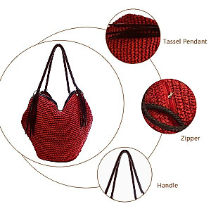 QTKJ Soft Large Straw Shoulder Bag with Brown Charm Leather Tassels, Boho Leather Handle Tote Retro Summer Beach Bag Rattan Handbag (Red)