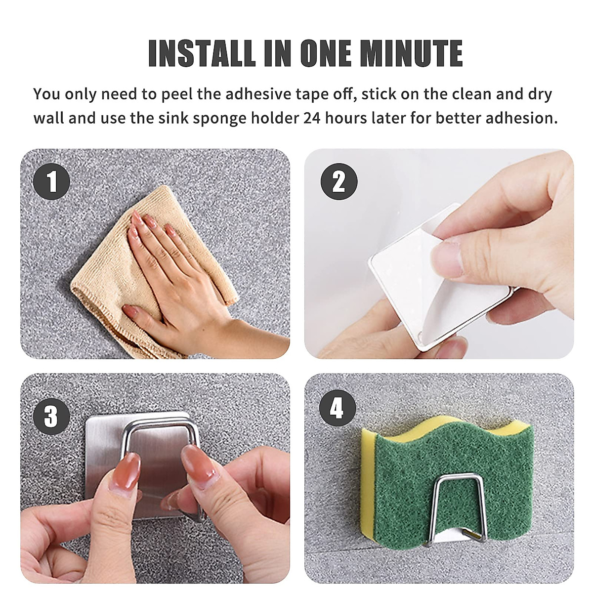 RALIS 2Pcs Sponge Holders for Kitchen Sink,Minimal Size Save Sink Space- SUS304 Stainless Steel,Quick Drying Strong Adhesive Sponge Holder-Silver