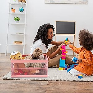 Transparent Storage Container Collapsible Storage Box with Lid Plastic Storage Bin Toy Organizer Stackable Book Box Clear Folding Utility Crate Tote Closet Shelf Basket - Pink