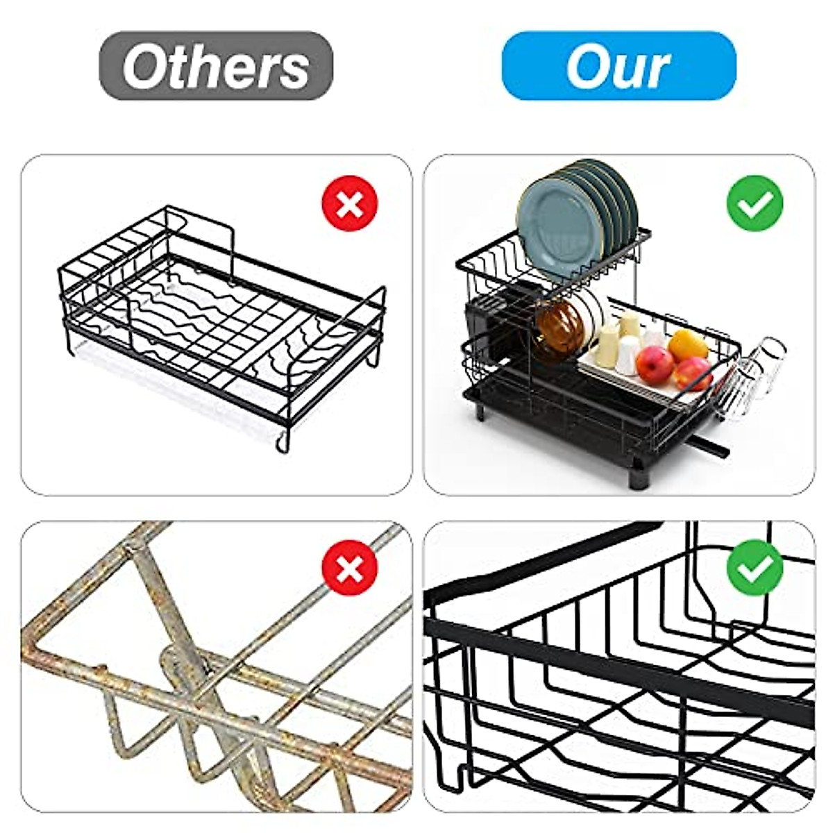 YGEOMER Large Dish Drying Rack, 2-Tier Dish Racks for Kitchen Counter, Detachable Dish Drainers with Utensil Holder, Kitchen Gadgets with Drainboard & Cup Holders, Black