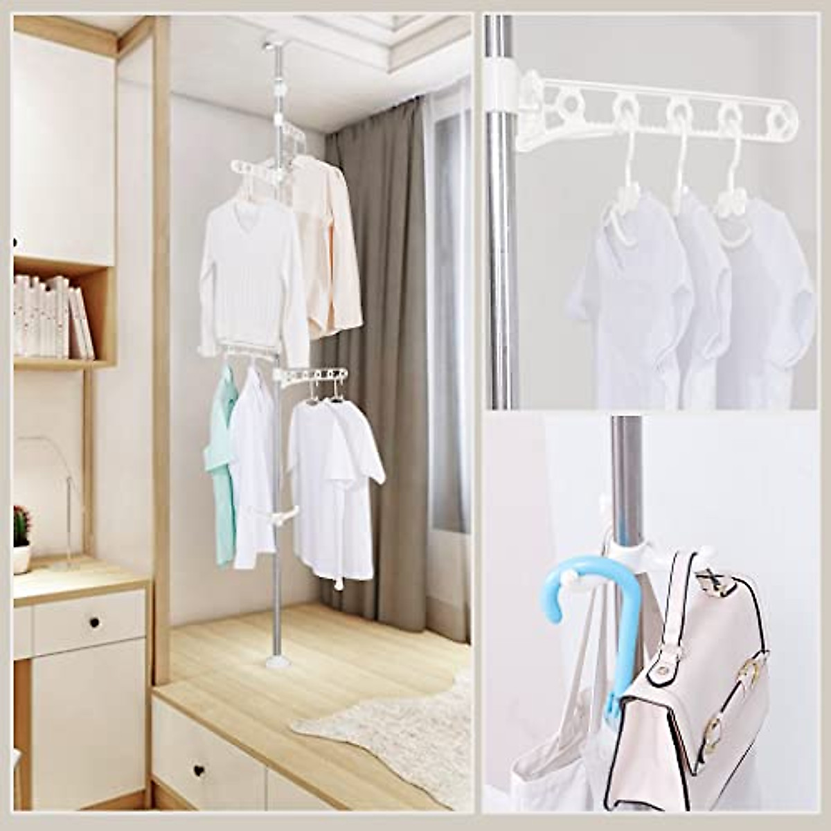 DAHOOMII 4-Tier Adjustable Laundry Pole Clothes Drying Rack Tension Rod Corner Metal Coat Tree Hanger Garment Stand Heighten Floor to Ceiling Clothing Storage Organizer - Ivory