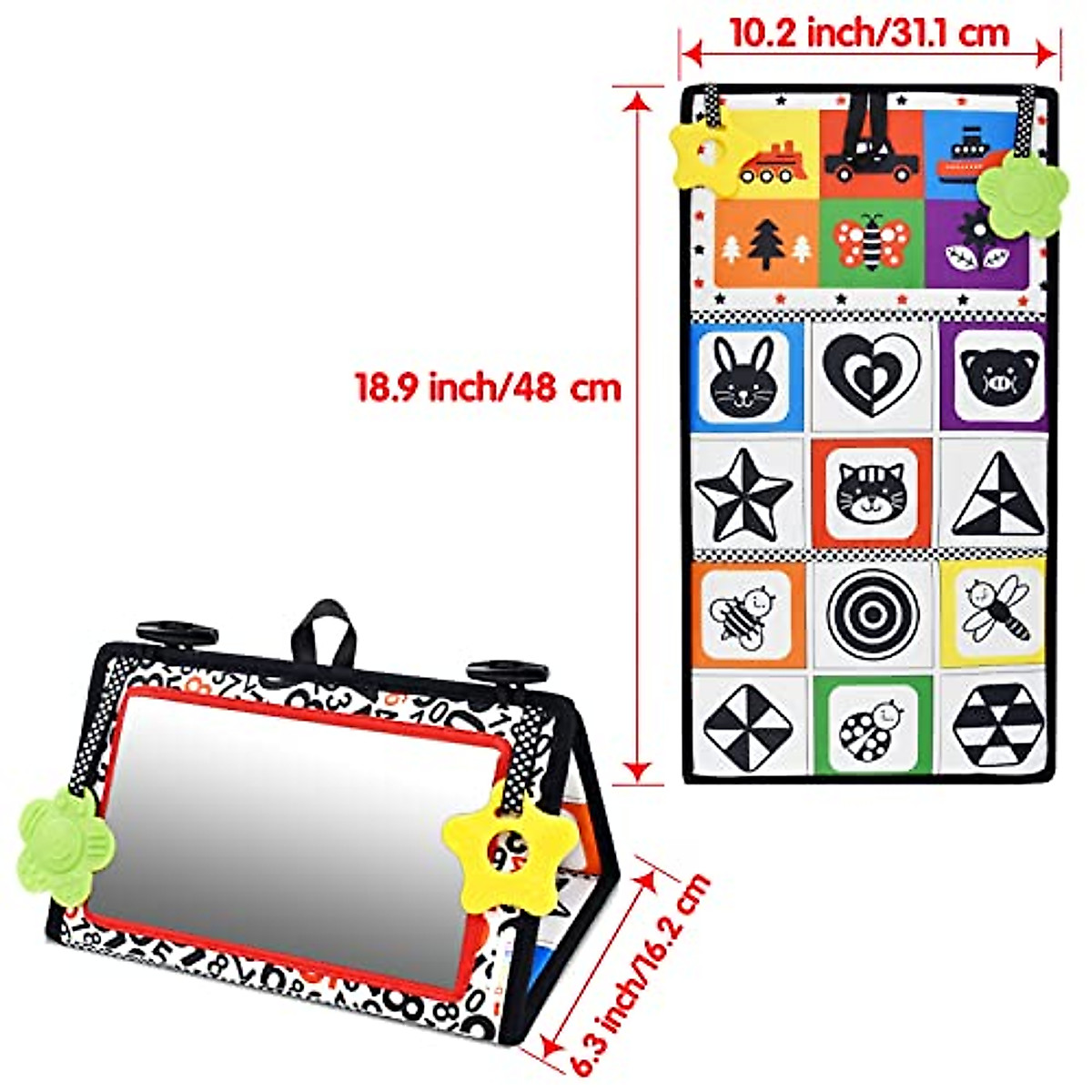 Dr.Rapeti Tummy Time Floor Mirror for Baby Infant Toddler Kids Black and White High Contrast Baby Toy with Teethers Floor Activity Toy Washable Non-Toxic