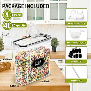 Skroam 4PCS Cereal Containers Storage [4L/135.2 oz], Airtight Food Storage Containers with Pour Spout for Kitchen & Pantry Organization Storage, Plastic Cereal Dispensers, Measuring Cup & 20 Labels