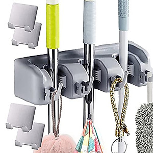 DASND Wall Mounted Broom Holder, Sturdy Steel, Grey, Holds 7 Tools, 4 Hooks, Easy Installation